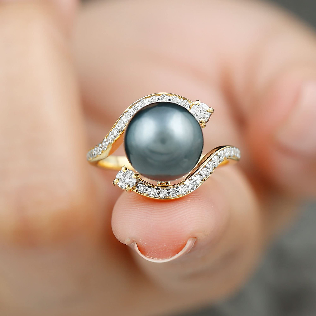 Rosec Jewels June Birthstone - 13 CT Statement Solitaire Ring with Tahitian Pearl and Diamond (AAA Quality), 14K Yellow Gold, Size:US 8.00