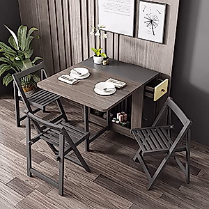 Folding Dining Table Set, Mobile Drop Leaf Dining Kitchen Table with 4 Chairs, Wood Simple Storage Table with 2 Wheels for Kitchen Dining Room Living Room Family Gathering. (1.5M)