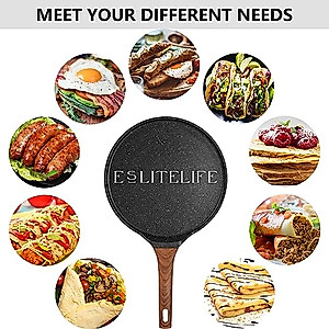 ESLITE LIFE Nonstick Crepe Pan with Spreader, 11 Inch Granite Coating Flat Skillet Tawa Dosa Tortilla Pan, Compatible with All Stovetops (Gas, Electric & Induction), PFOA Free, Black