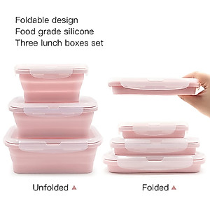 Duoyou Collapsible Silicone Lunch Bento Box, Portable Food Storage Container Outdoor Picnic Box Space Saving, Microwave, Dishwasher and Freezer Safe, 3 Pcs Set (Pink)