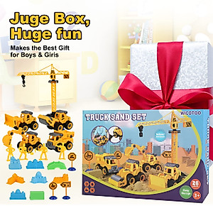 WICOTOO Sand Construction Kit,Sandbox,2.2lbs Magic Sand W/4 Take Apart Construction Trucks,Tower Crane,8 Sand Molds,4 Worker Figures,4 Road Signs,Toys for Boys Girls Age 4-8 Yellow,Brown