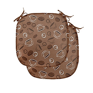 Lunarable Coffee Chair Seating Cushion Set of 2, Cup of Espresso Silhouettes with Beans Caffeine Source Gourmet Drinks Illustration, Anti-Slip Seat Padding for Kitchen & Patio, 16"x16", Brown White