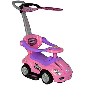 ChromeWheels Push Cars for Toddlers, 3 in 1 Ride on Push Car with Removable Canopy, Ride on Toys Mega Car w/Handle & Horn & Music, Pink