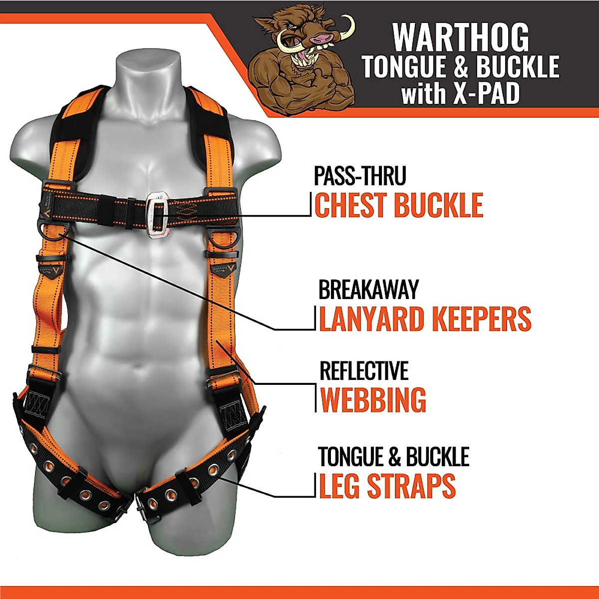 Malta Dynamics Warthog Safety Harness Fall Protection, Tongue Buckle Legs & X-Pad, Full Body Harness, OSHA/ANSI Compliant (Tongue Buckle Legs & X-Pad, Large-XLarge)