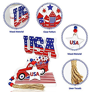 4th of July Tiered Tray Decor - 5 Pcs New Year Wooden Decor Bead Garland & Plush Gnome, Stars and Stripes Wooden Signs Patriotic Decorations for Independence Day Memorial Day Presidents Day