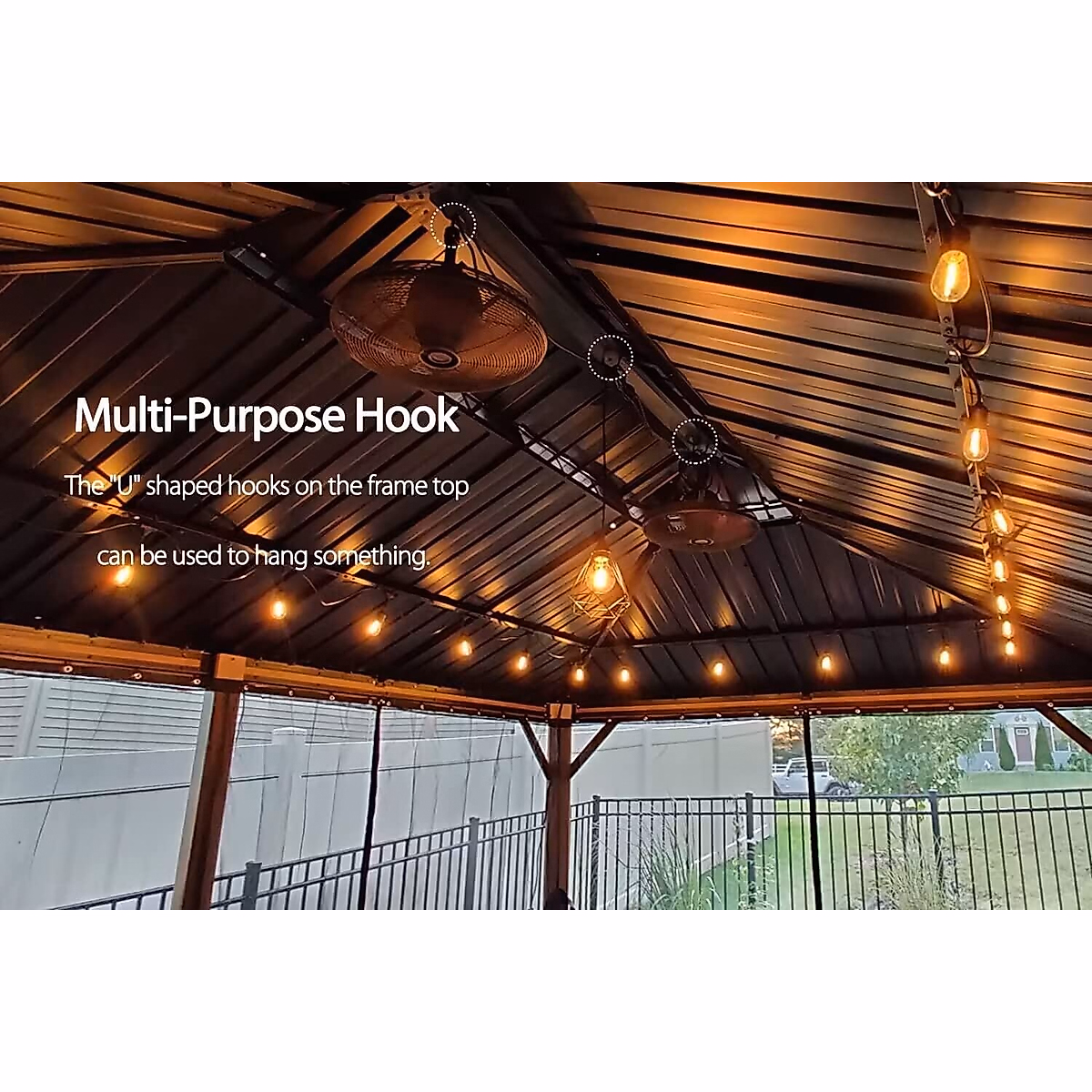 PURPLE LEAF 12' X 20' Outdoor Hardtop Gazebo for Patio Galvanized Steel Double Roof Permanent Canopy Teak Finish Coated Aluminum Frame Pavilion Gazebo with Netting and Navy Blue Curtains