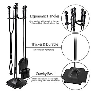 WBHome Fireplace Tools Set 5 Pieces Wrought Iron Fireset Fire Pit Poker Wood Stove Log Tongs Holder Fireplace Tool Set With Pedestal Place, 32 Inch (Black All)