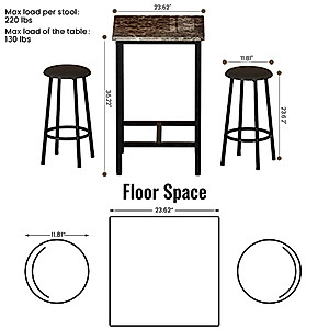 AWQM 3-Piece Dining Table and Chairs for Apartment, Bar Set with 1 Square Table and 2 Round Stools, Kitchen Table Set for 2, Breakfast Table with Footrest for Restaurant, Dinette, Studio (Dark Brown)