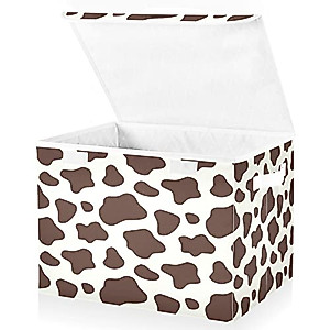 Kigai Retro Cow Print Storage Basket with Lid Collapsible Storage Bin Fabric Box Closet Organizer for Home Bedroom Office 1 Pack