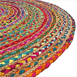 Eyes of India - 6 ft Round Colorful Natural Jute Chindi Sisal Woven Area Braided Rug Boho Chic Bohemian Accent Indian Handmade Handwoven