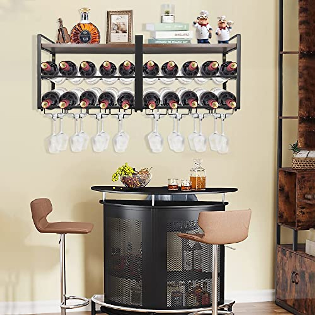 AUHOKY Industrial Wine Rack Wall Mounted Glasses Holder, 3-Tiers Metal Hanging Storage Display Shelf with Wine Bottles Glass Goblet Rack, Floating Shelves for Living Room Kitchen Home Decoration