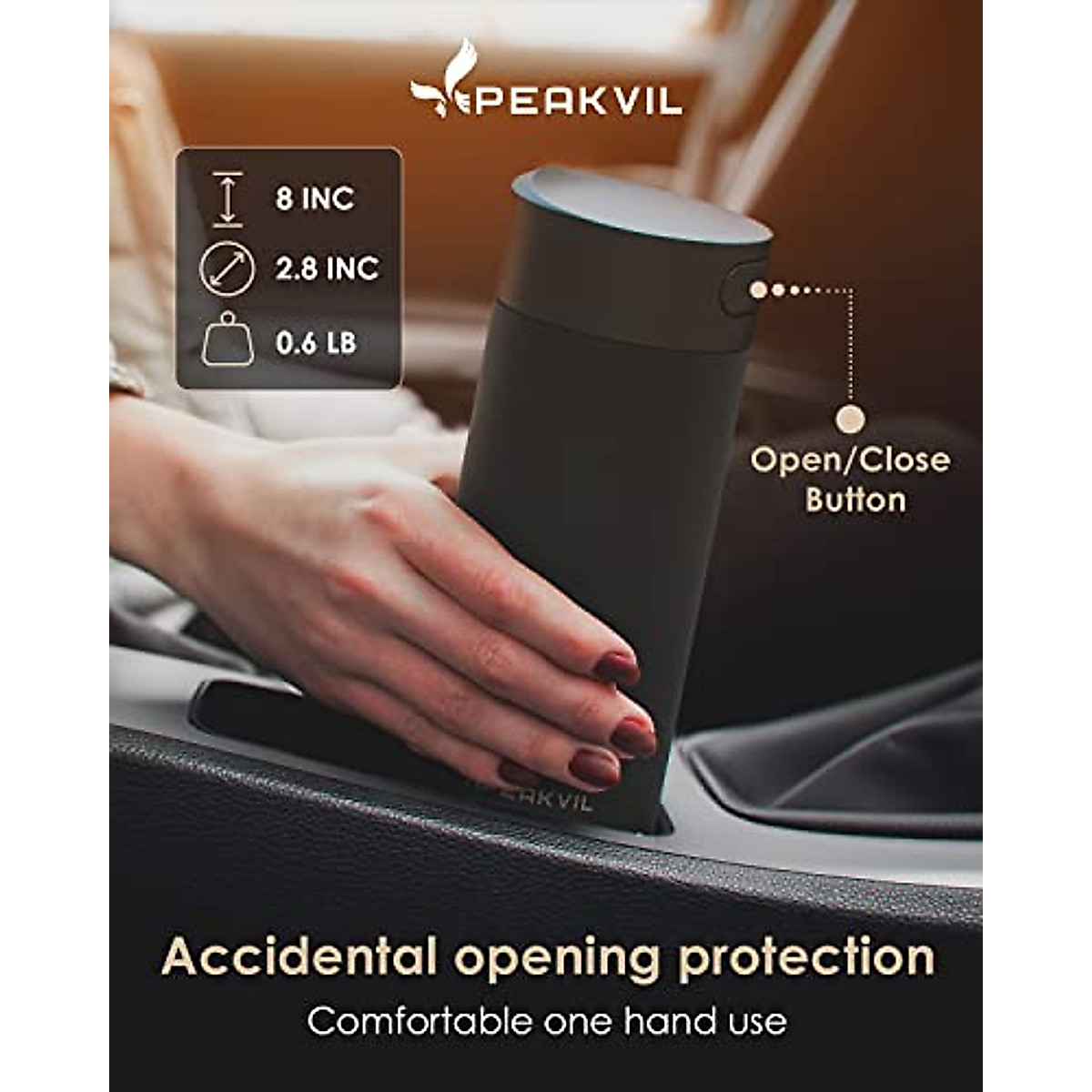 Peakvil 12 oz Insulated Thermos Travel Coffee Mug with Push Button Lid - Leakproof Reusable 304 Stainless Steel Tumbler Cup for Keep Hot/Ice, Coffee, Tea, Water