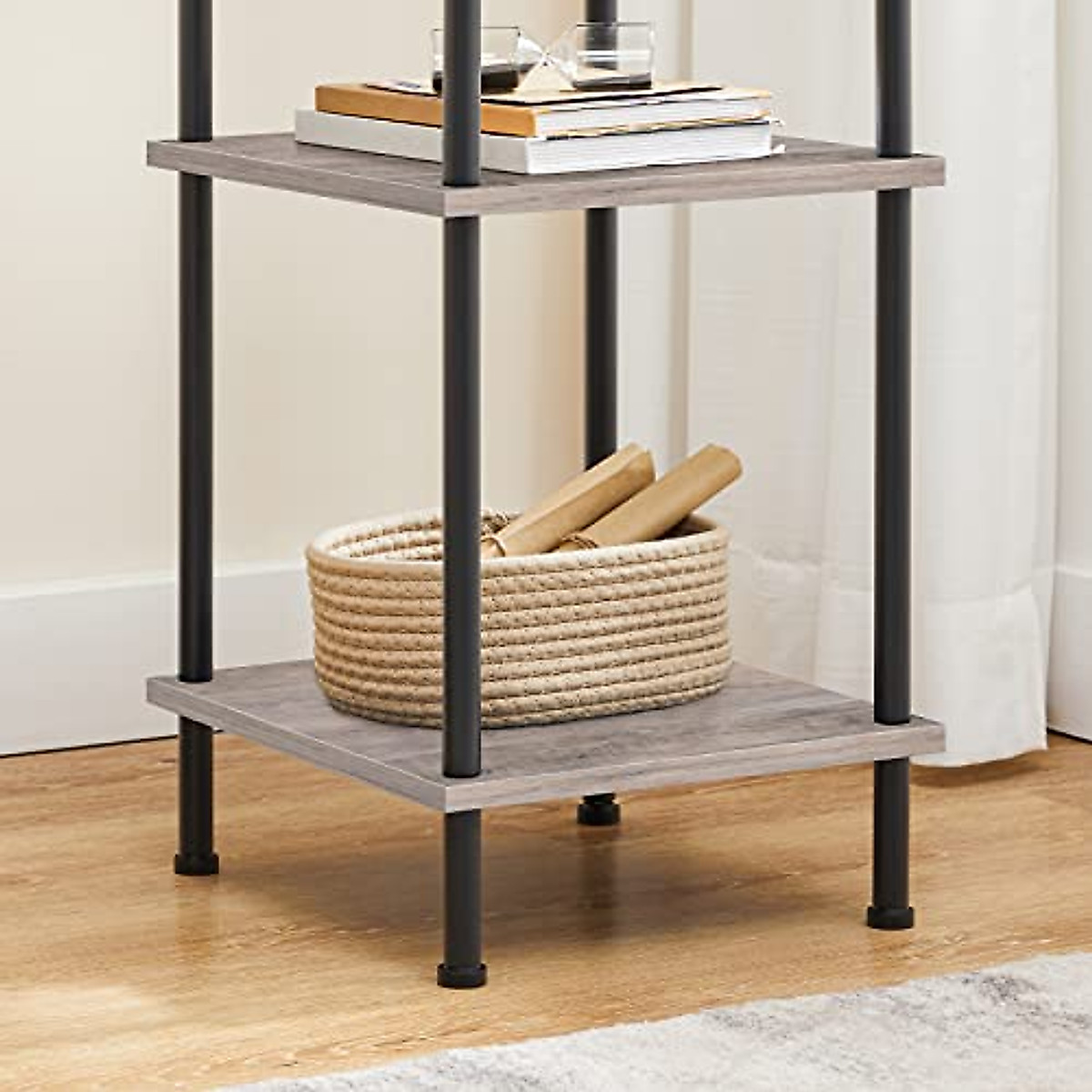 HOOBRO Set of 2 Side Tables with Charging Station and USB Ports, 3-Layer Stackable Nightstands, End Tables for Small Spaces in Bedroom, Living Room, Industrial Style, Greige and Black BG10UBZP201