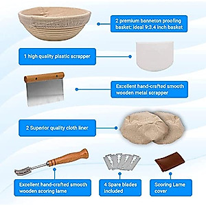 VALUETRA - (Set of 2) - 9 Inch Banneton Bread Proofing Basket Round with Liner Cloth - Set of 2 + Metal Scraper, Plastic Scraper, Premium Bread Lame with 5 Blades and case, Baking Bowl for Sourdough