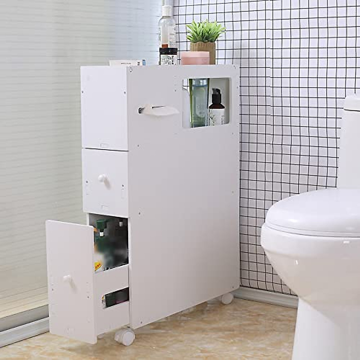 DYRABREST Bathroom Storage Cabinet with 2 Drawers - 4 Layer Multifunctional White Narrow Toilet Organizer Floor Side Cabinet - Movable Receive Arrange Ark Space Saver