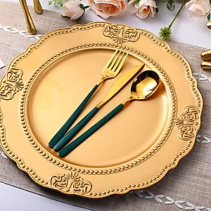 Nuanchu 18 Pack Gold Charger Plates 13 Inch Scalloped Dinner Plates with Bead Rim Embossed Plastic Chargers for Dining, Wedding, Banquets, Party, Event, Anniversary, Holidays Decoration