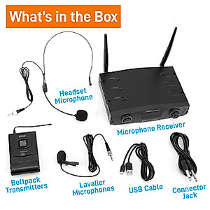PYLE Compact UHF Wireless Microphone System - Pro Portable 1 Channel Desktop Digital Mic Receiver Set w/ Belt-Pack Transmitter, Receiver, Headset and Lavalier Mics, XLR, For Home, PA PDWM1988B,Black