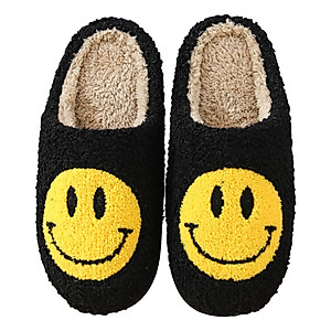 Bevaney Smile Face Slippers for Women, Soft Plush Smile Slippers Retro Preppy Slippers with Smile Face Happy Face Slippers Slip-on Cozy Indoor Outdoor Slippers