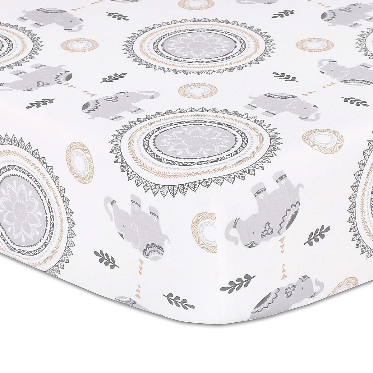 The Peanutshell Boho Elephant and Medallion Print Fitted Crib Sheet for Baby Boys or Baby Girls, Grey/White