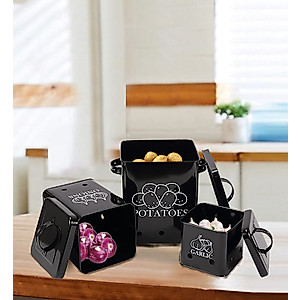 Potato Onion Kitchen Storage Canisters Jars Pots Containers 3 Pack Set - Potatoe, Garlic Bin Caddy, Long Shelf Life With Aerating Tin Storage Holes-Black