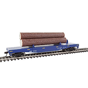 Walthers Trainline HO Scale Model Log Dump Car with 3 Logs - Ready to Run Alaska Railroad #17102 (Blue, Yellow Conspicuity Marks)