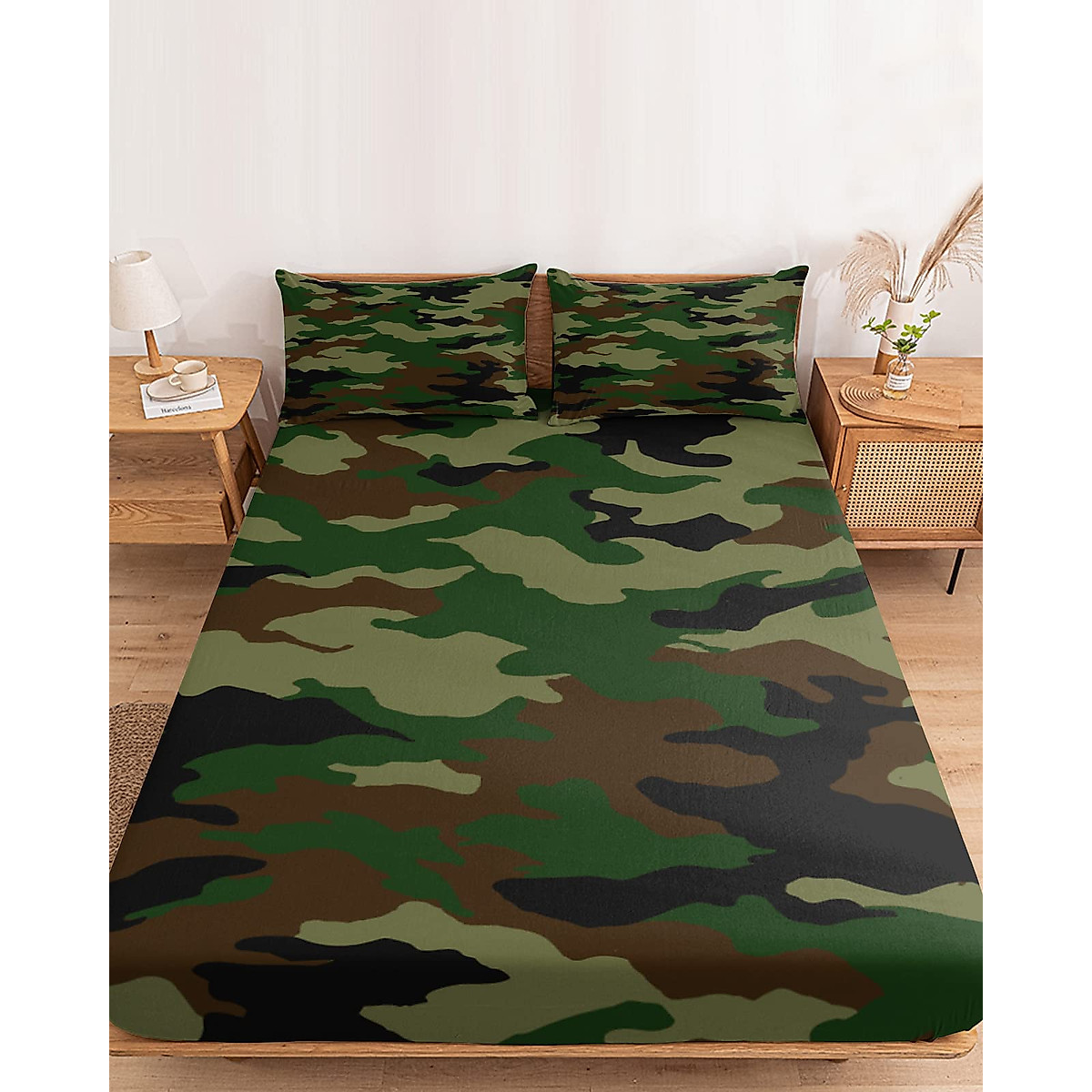 Military Camouflage Forest Camo Fitted Sheet Set for King Size Bed 3 Pieces Bedding Sheets-Deep Pocket Bedsheet Fits Mattress Upto 16",2 Pillow Cases Bedroom Decor American Army
