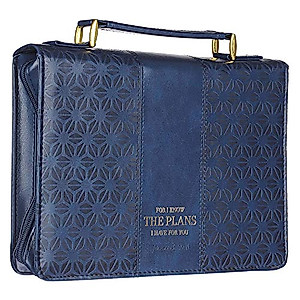 Christian Art Gifts Women's Fashion Bible Cover I Know The Plans Jeremiah 29:11, Blue/Gold Faux Leather, Large