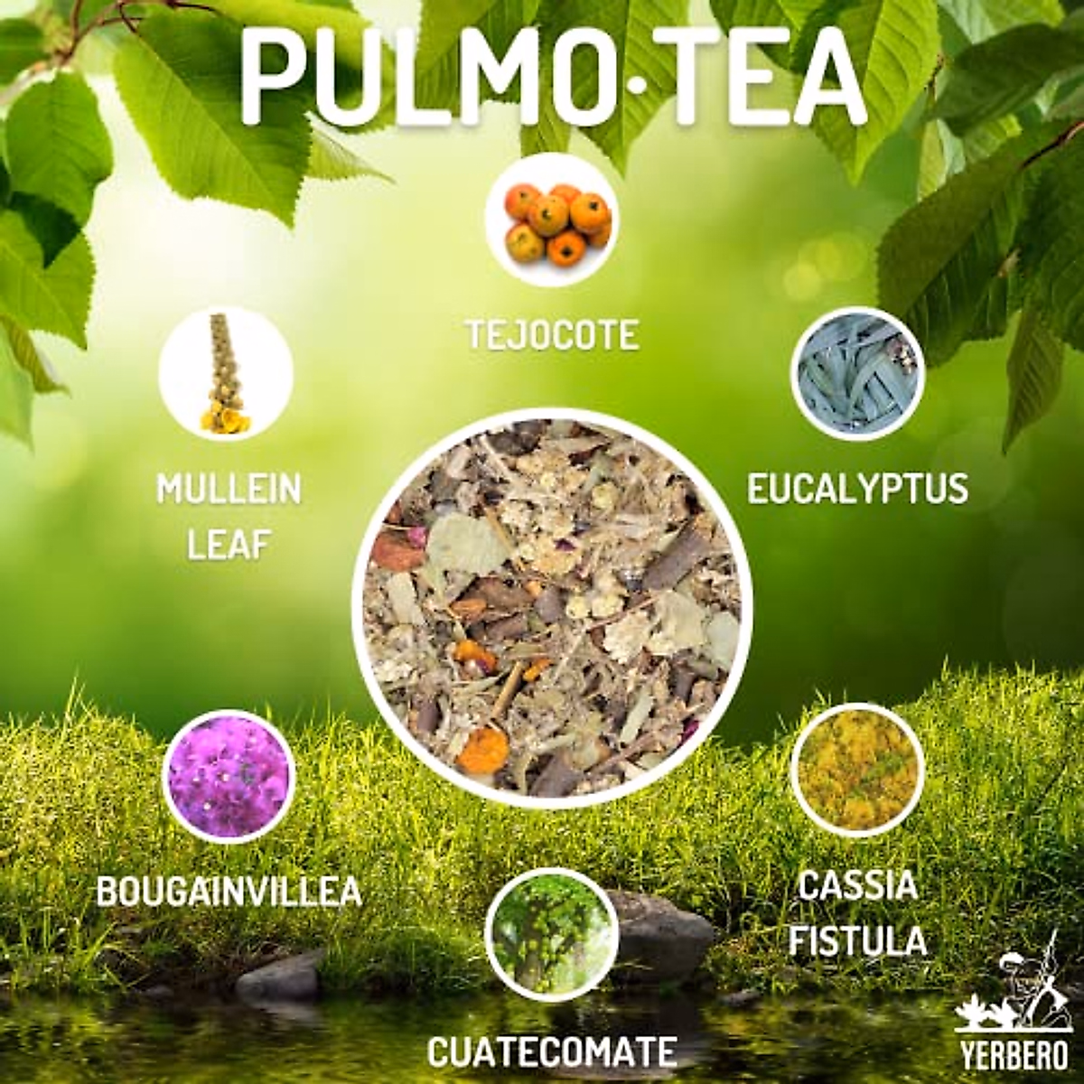 Yerbero - PulmoTea 4 oz (113g) | Herbal Mixture Tea - Soothes/Comforts Thoat | Eucalyptus, Tejocote Root, Mullein Leaf, Bouganvillia Flower, Cassia Fistula, Cuatecomate | 100% All Natural, non-GMO, Gluten-free.