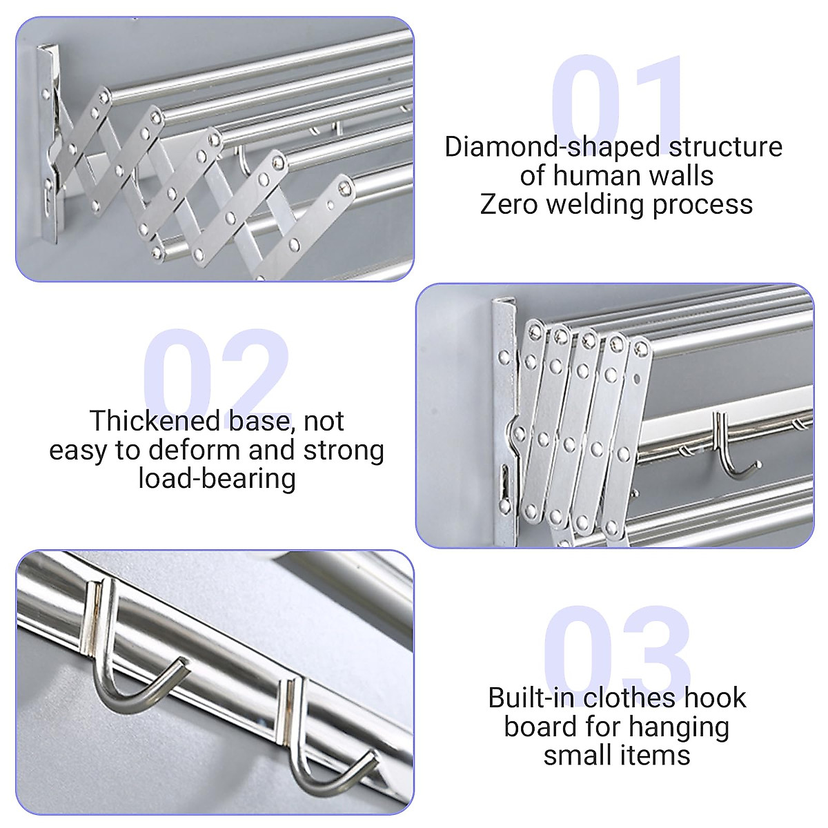 Yowmina Clothes Drying Rack Wall Mounted, Foldable Wall Drying Rack with 5 Hooks, Retractable Hanging Drying Rack with 7 Drying Rods, Space-Saving Stainless Steel Accordion Laundry Rack (23.6in)