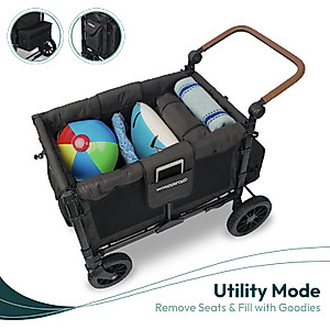 WONDERFOLD W4 Luxe Stroller Wagon (4 Seater) - Collapsible Wagon Stroller with Seats with Magnetic Buckle 5-Point Harnesses, Charcoal Gray-Black Frame