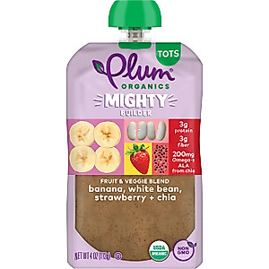 Plum Organics Mighty Builder Organic Toddler Food - Banana, White Bean, Strawberry, and Chia - 4 oz Pouch (Pack of 12) - Organic Fruit and Vegetable Toddler Food Pouch