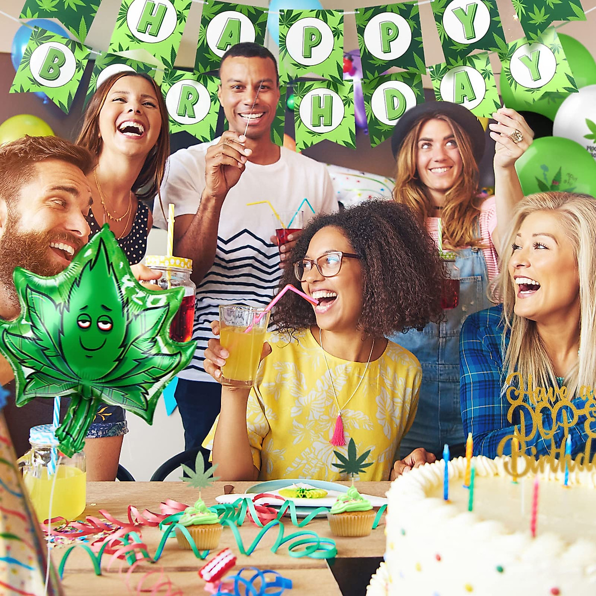 85 Pcs Weed Party Supplies Weed Themed Birthday Party Decorations Including Pot Leaves Birthday Banners Weed Shape Foil Balloon Weed CakeToppers Balloons Stickers for Adults Cannabis Birthday Party