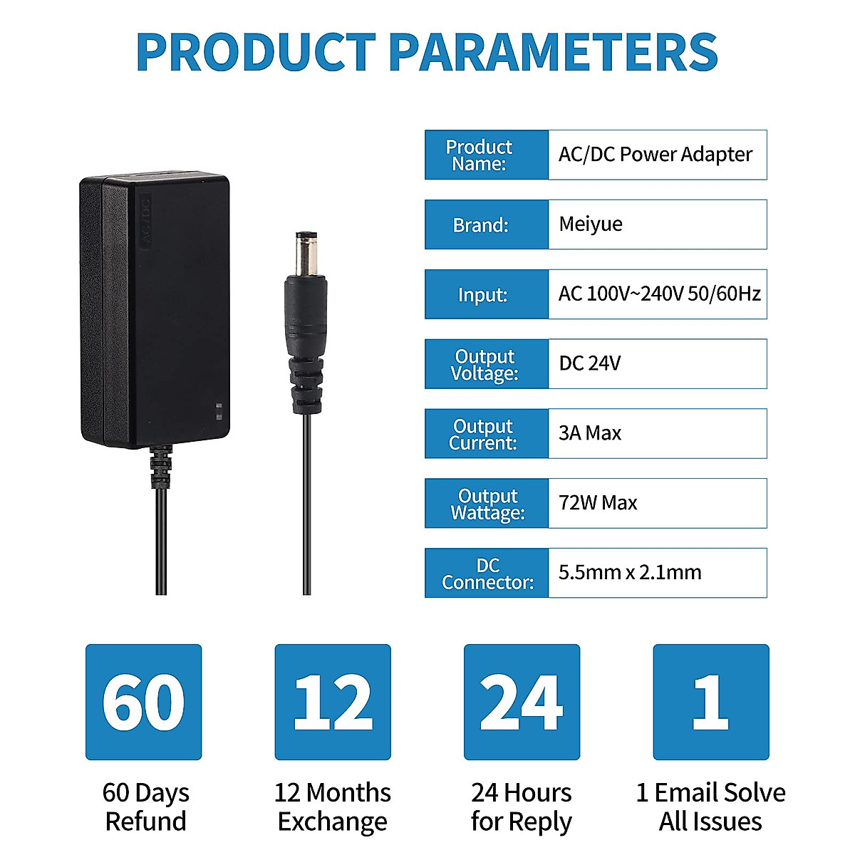 24V 3A Power Supply Adapter,100-240V AC to DC 24Volt 3A 72W Power AC/DC Adapter 5.5mm x 2.1mm DC Output Jack DC Power Supply Wall Plug for 5050 3528 LED Strip Light LED Driver CCTV Security System