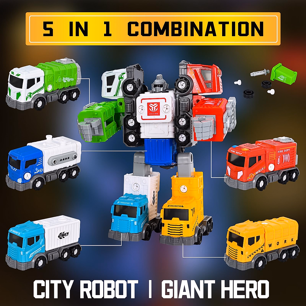 Hiitytin 5-in-1 Vehicles Toy Playset, Transforming Robot Truck Toys for Kids, Metal Transport Truck Vehicles Toys for Boys & Girls Ages 3-8, DIY STEM Building Cars Kit Toddler Toys