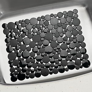 mDesign Decorative Kitchen Plastic Sink Protector Set, Quick Draining - Protect Surfaces and Dishes - Modern Bubble Design - Includes 1 Saddle, 2 Large Mats - Set of 3 - Black