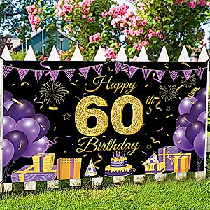 Wiipenex Happy 60th Birthday Backdrop Banner 70.86” x 43.3” Purple Black 60th Birthday Decorations Cheers to 60 Years Old Balloons Backdrop Party Supplies Birthday Yard Sign Poster Photo Booth Props