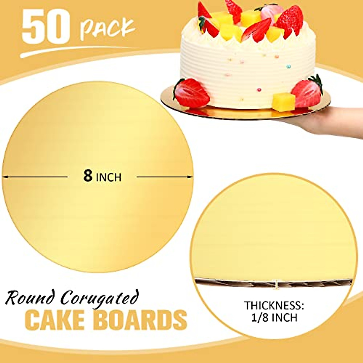 50 Pack Round Cake Boards 8" Gold Circle Cake Base Cardboard Cake Round Grease Proof Disposable Cardboard for Baking Cake Pizza