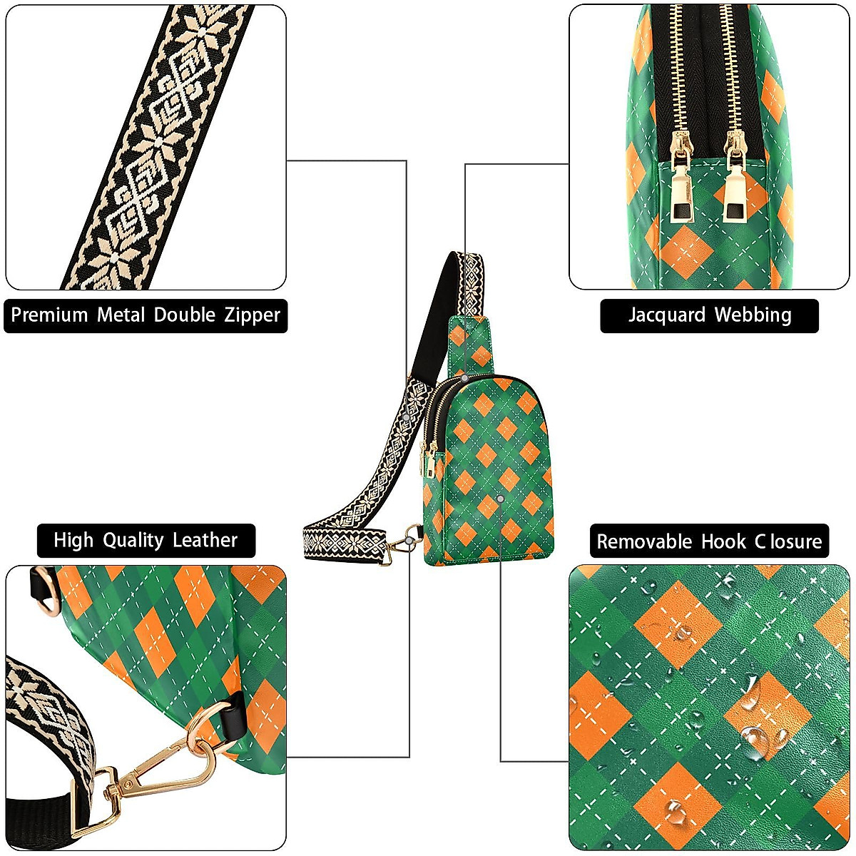 Women Crossbody Sling Backpack St-patrick-day-green-orange-plaid Girl Chest Bag Daypack for Hiking Traveling