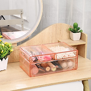 Cq acrylic Stackable Bathroom Storage with Pull Out Bin Organizer Drawer for Cabinet,Vanity,Shelf,Cupboard,Cabinet or Closet Organization Pink 3 Drawers