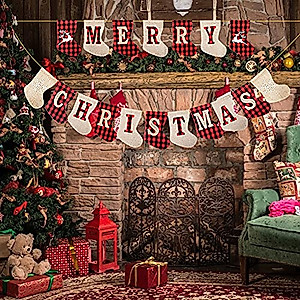 O-heart Merry Christmas Banner, Burlap Stockings Plaid Christmas Decorations, Merry Christmas Sign for Mantel Fireplace Christmas Tree Farmhouse Hanging Decoration Christmas Door Decorations