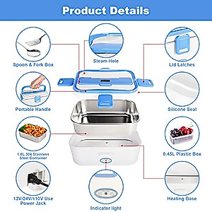 Electric Lunch Box Food Heater, 3 in 1 12V 24V 110V Leakproof Heated Lunch Boxes for Adults, Portable Food Warmer for Car/Truck/Work, Self Heating Lunch Box with 1.8L 304 Stainless Steel Container
