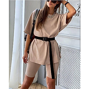 Glamaker Women 2 Piece Outfit sets Casual Oversized T-Shirt Tops Biker Shorts Workout Sport s Tracksuit Khaki Large