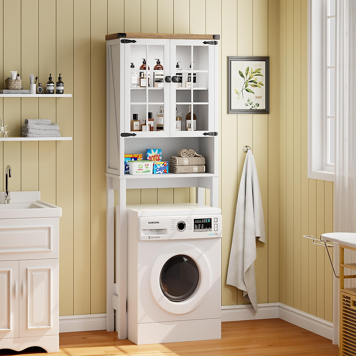 FREDEES Over The Toilet Storage Cabinet with Shelves & Doors, Toilet Shelf Space Saver with Anti-Tip Design & Ceiling Light, Free Standing Over Toilet Bathroom Organizer, White