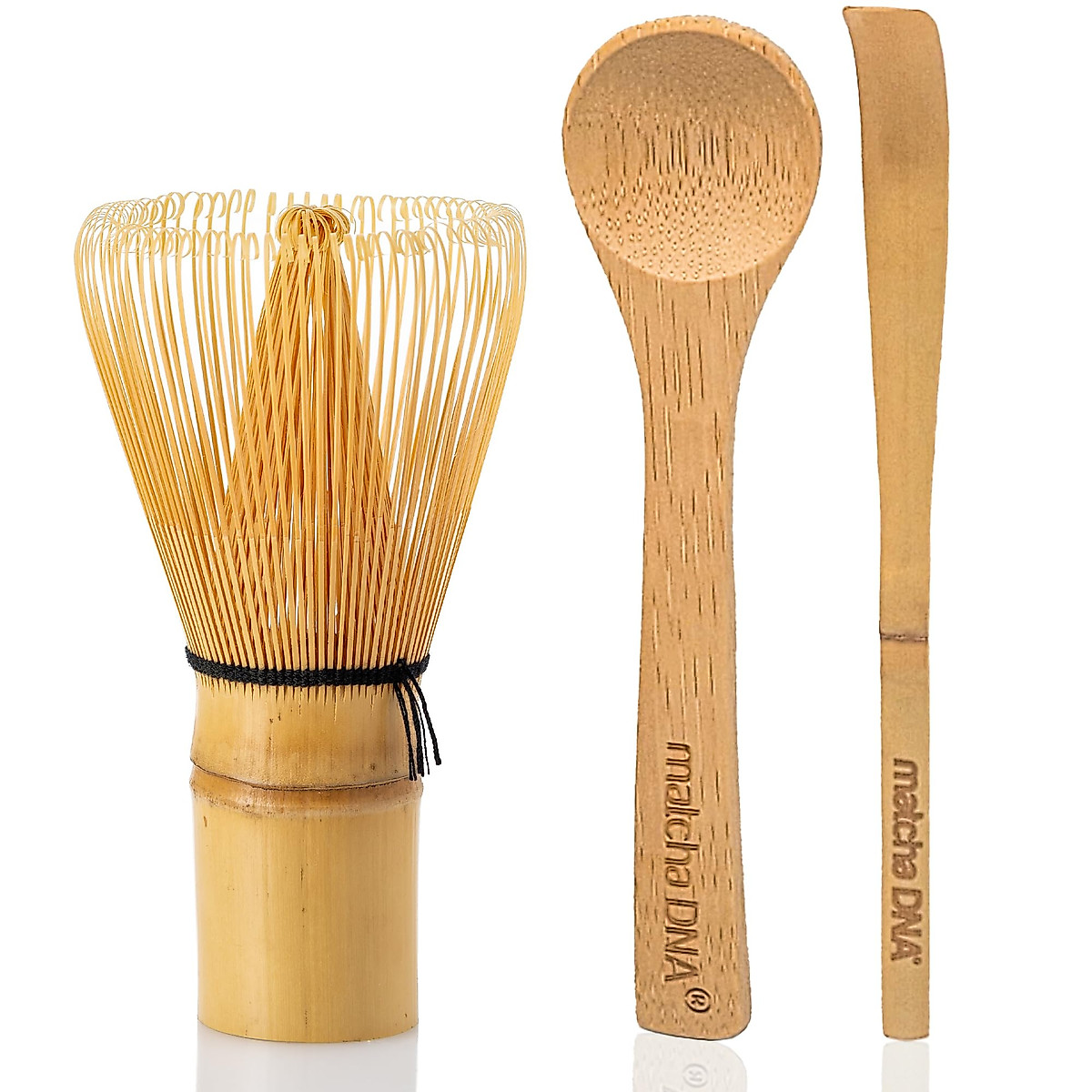 Bamboo Matcha Whisk with Bamboo Spoon and Hooked Bamboo Scoop (Chashaku) Set by MATCHA DNA - Traditional Matcha Whisk Made from Durable and Sustainable Golden Bamboo for Matcha Tea Preparation