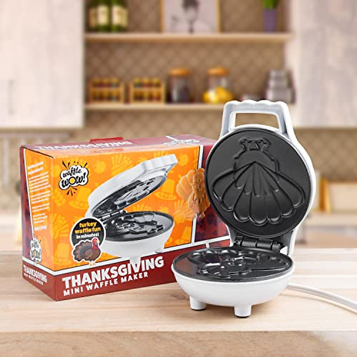 Thanksgiving Turkey Mini Waffle Maker - Make Holiday Breakfast Special for Kids & Adults w/ Cute Design, 4" Waffler Iron Electric Nonstick Appliance - Fun & Festive, Fall Gift, Recipes Included