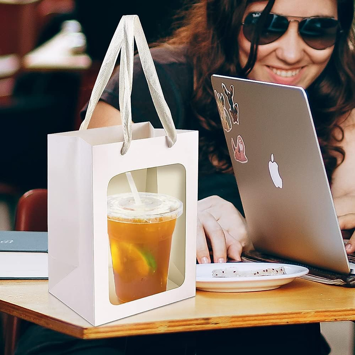 WYOMER 12 Pcs Kraft Paper Gift Bags with Transparent Window, Exquisite Goods Bags with Handles for Gifts, Festivals Partys (White)