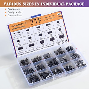 ZTF 530Pcs Metric Set Screw Assortment Kit, M3/4/5/6/8 Grub Screws Internal Hex Drive Set Screws for Bathroom Fixtures, Door Handles knobs, Towel Rack Screws Replacement, 12.9 Grade Alloy Steel