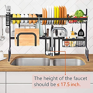 Dish Drying Rack Over The Sink, Adjustable（33.5-40.5in） Large Dish Rack Drainer for Kitchen Organization Storage Space Saver Shelf Holder with 7 Utility Hooks Dish Rack Over Sink【Fit Sink 32"- 39" L】