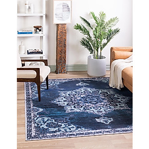 Rugs.com Francesca Collection Washable Rug – 7 Ft Square Navy Blue Flatweave Rug Perfect for Living Rooms, Kitchens, Entryways