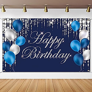 Blue Silver Happy Birthday Decorations Blue Birthday Banner Backdrop Large Happy Birthday Backgroud Birthday Backdrop Baby Shower Party Indoor Outdoor Decorations Supplies for Men Women Boys Girls